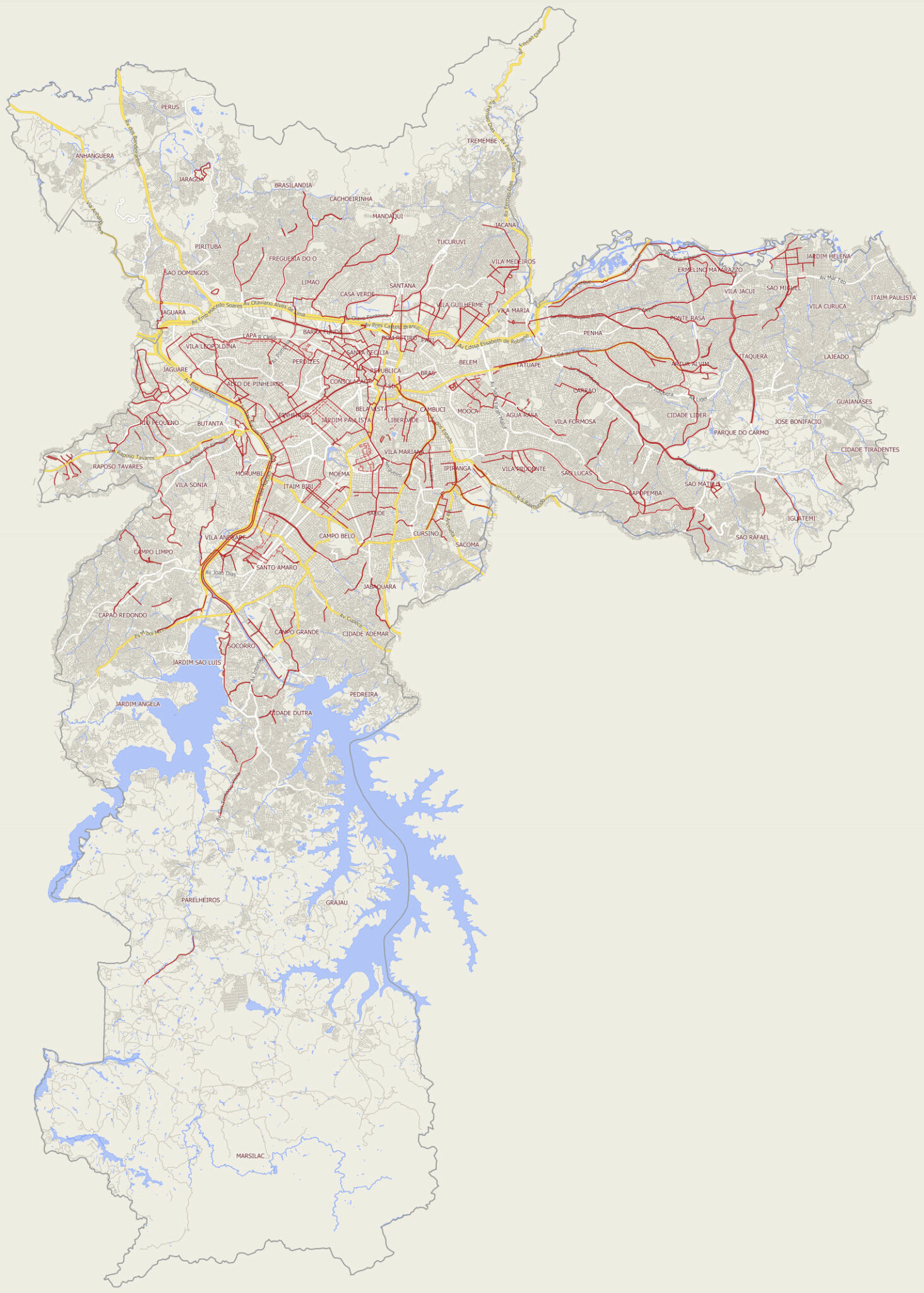 Mapa das ciclovias, ciclofaixas e ciclorrotas de São Paulo